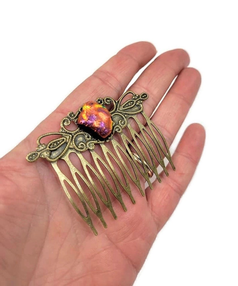 Victorian Bronze Tone Hair Comb, Dichroic Fire Orange Purple and Gold ...