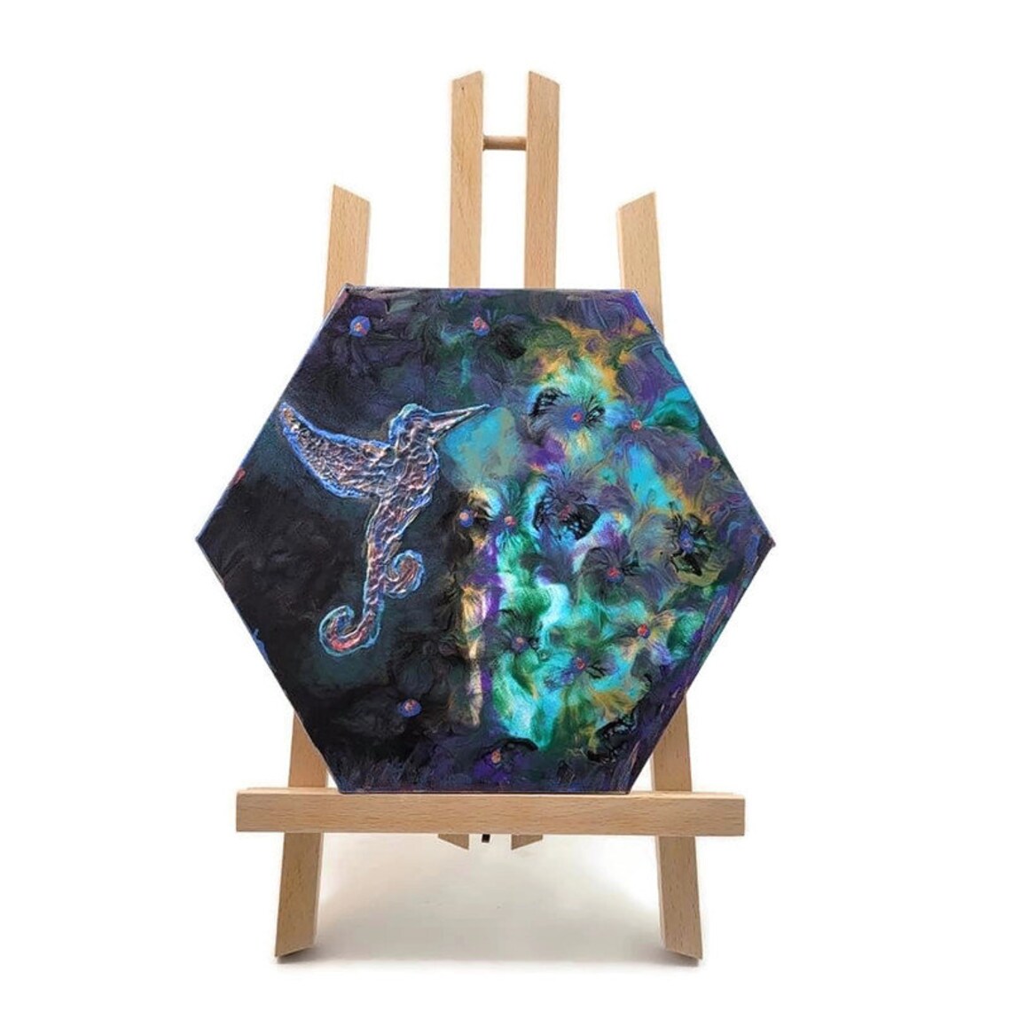 Hummingbird Acrylic Fluid Art Painting With Texture, Hexagon Stretched ...