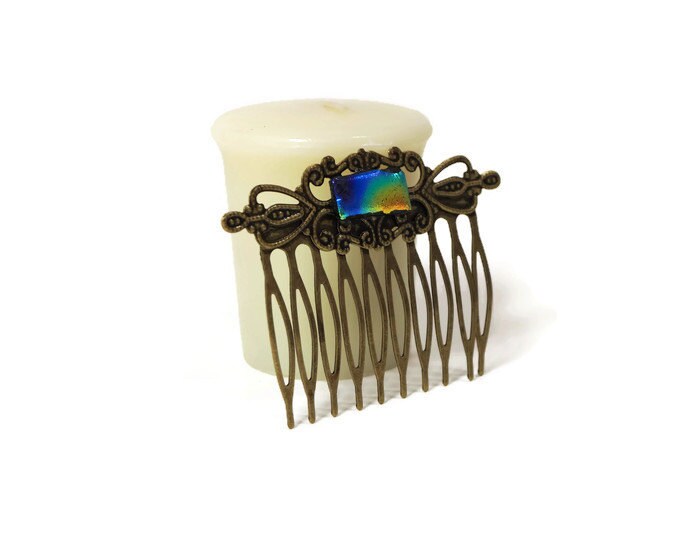 Dichroic Fused Glass Hair Comb, Accessories, Wedding, Antiqued Style ...