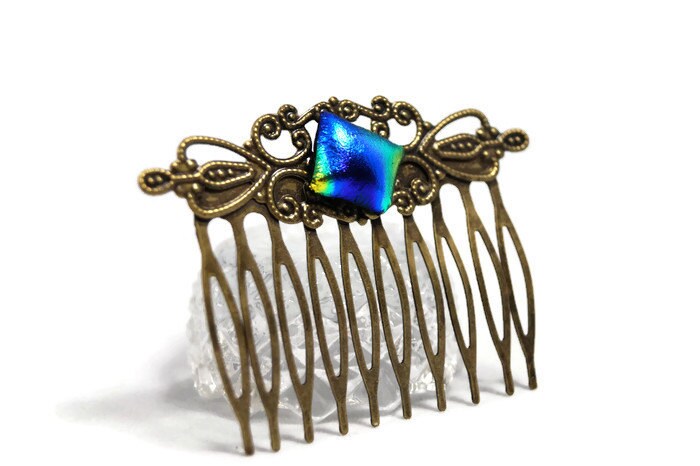Fused Glass Hair Comb, Accessories, Dichroic Glass, Wedding, Vibrant ...