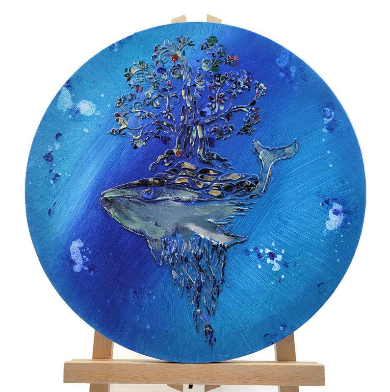 Whale Textured Acrylic Painting 12 Inch Circle Stretched Canvas Ocean ...