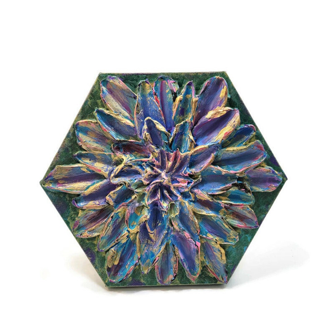 Flower Acrylic Painting With Heavy Texture, Hexagon Stretched Canvas ...