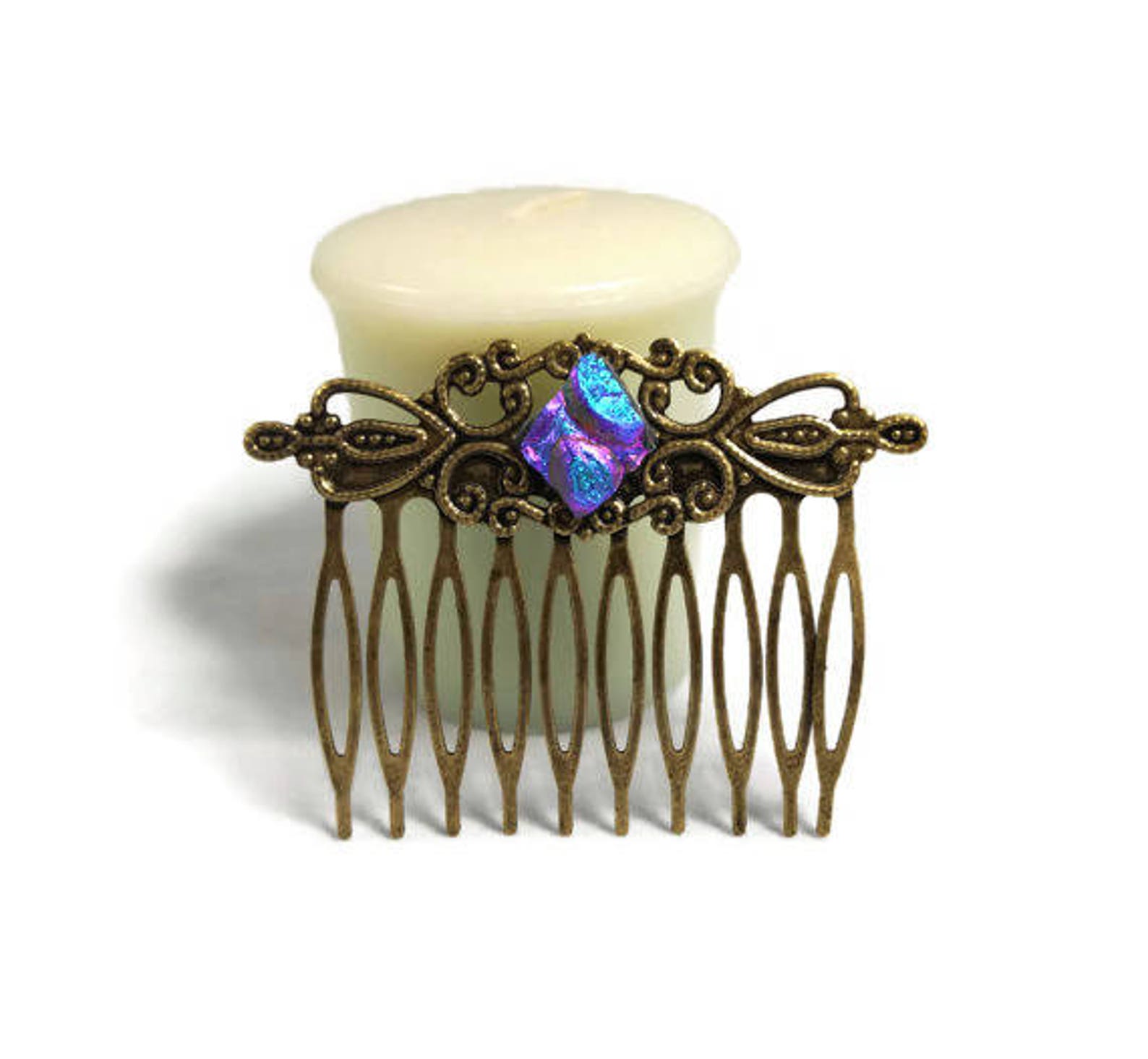 Victorian Bronze Tone Hair Comb, Dichroic Fused Glass, Accessories ...