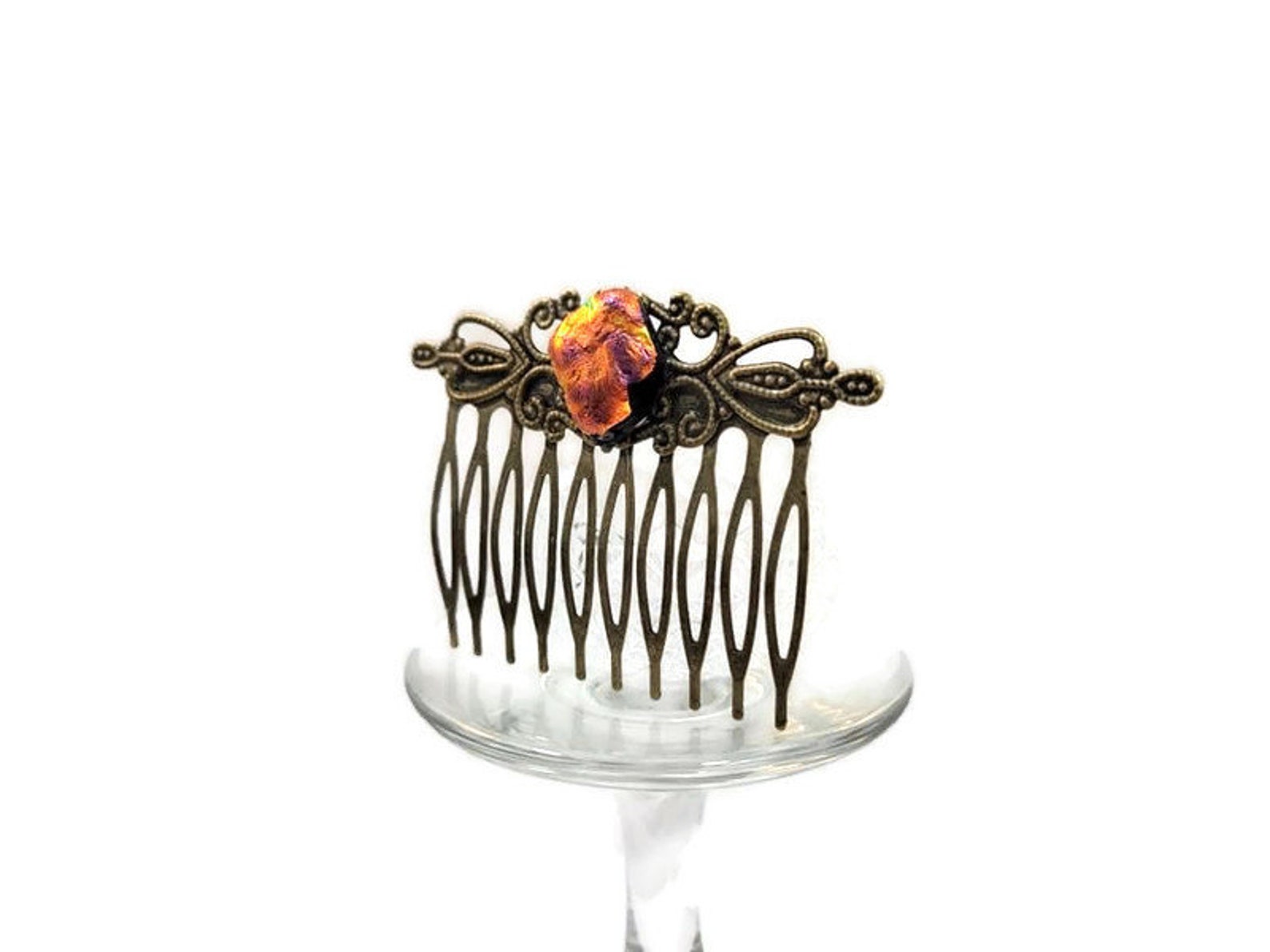Victorian Bronze Tone Hair Comb, Dichroic Fire Orange Purple and Gold ...