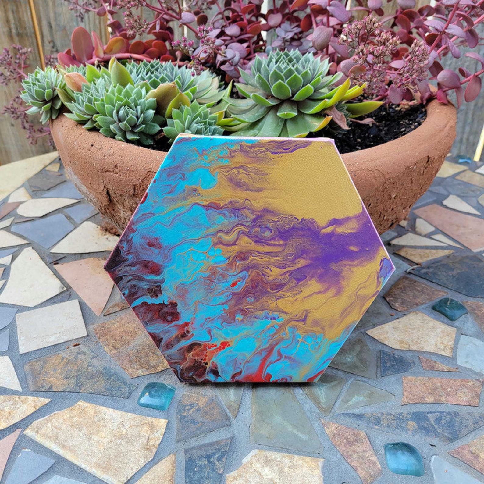 Acrylic Fluid Art Painting, Hexagon Stretched Canvas, Original 8 ...