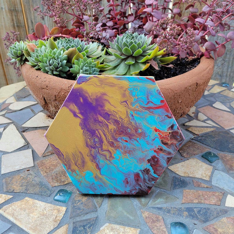 Acrylic Fluid Art Painting, Hexagon Stretched Canvas, Original 8 ...