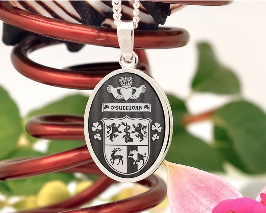 O'sullivan Sullivan Claddagh Family Crest Silver Pendant Engraved to ...