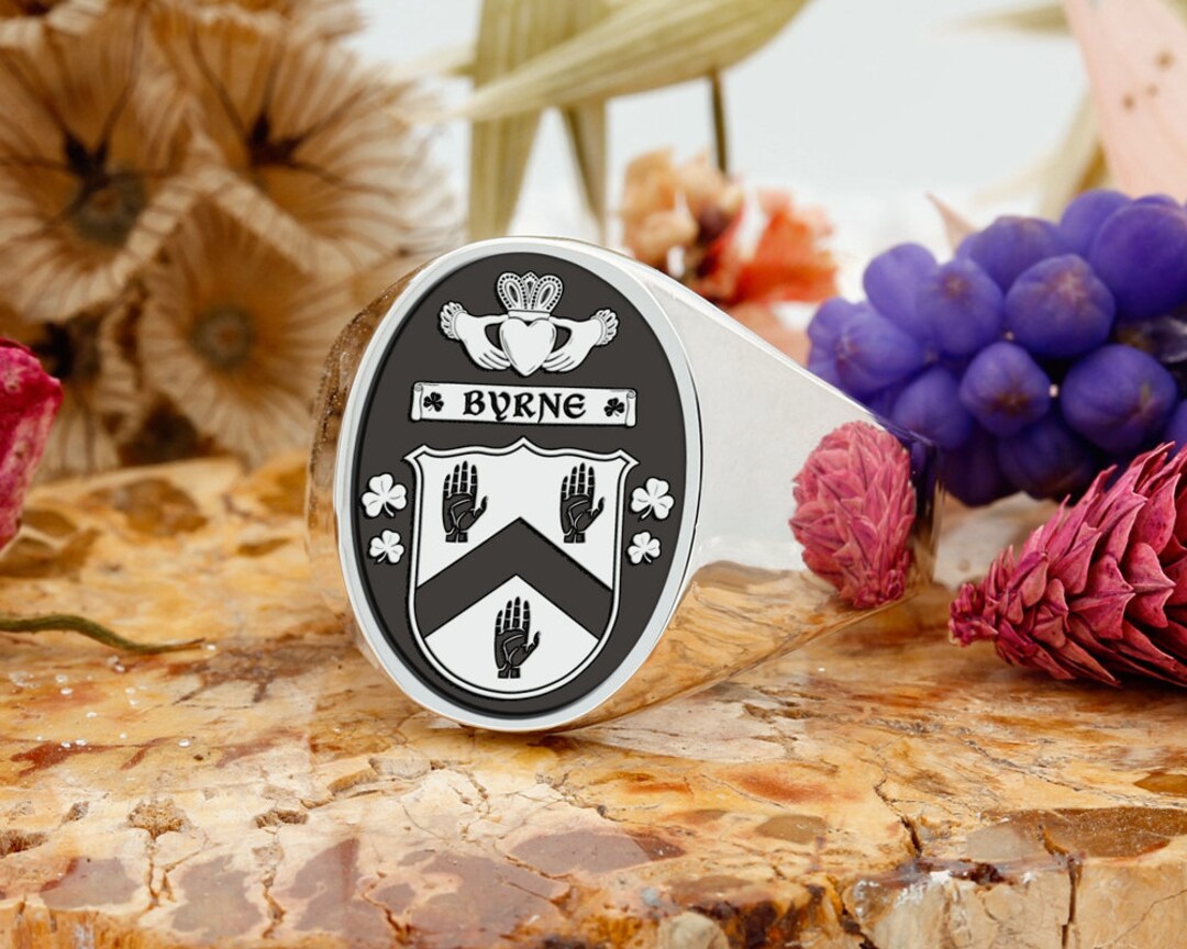 Byrne Claddagh Family Crest Signet Ring, Sterling Silver or 9ct Gold ...