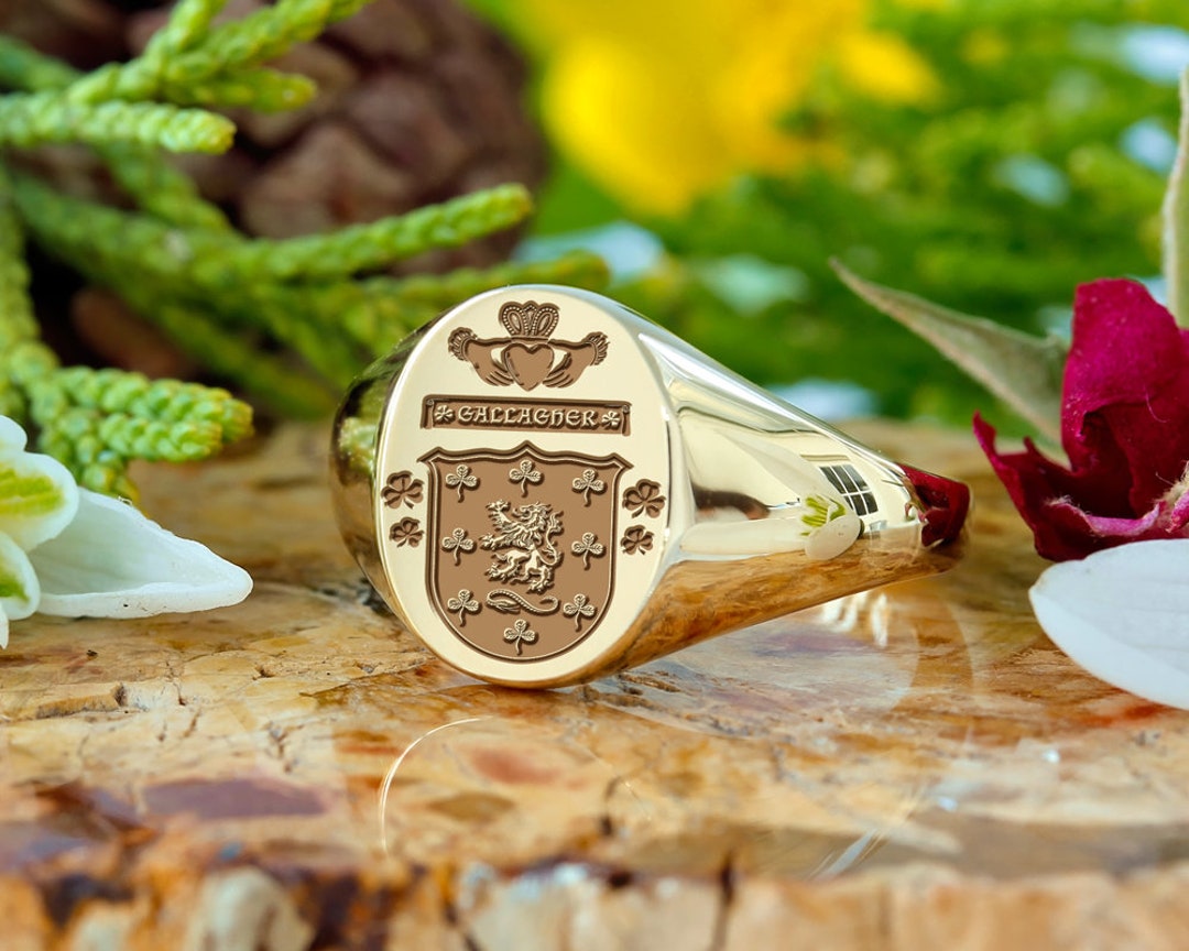 Gallagher Claddagh Family Crest Signet Ring, Sterling Silver or 9ct ...