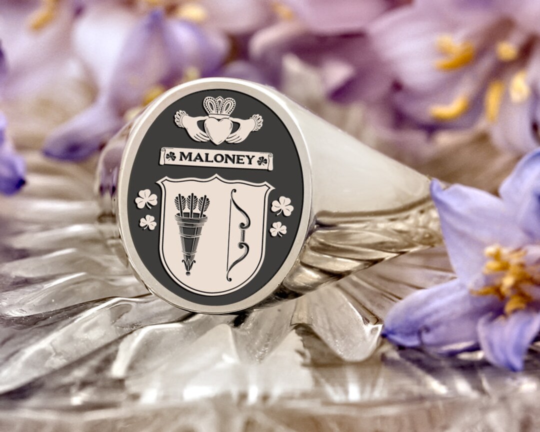 Maloney Claddagh Family Crest Signet Ring, Sterling Silver or 9ct Gold ...