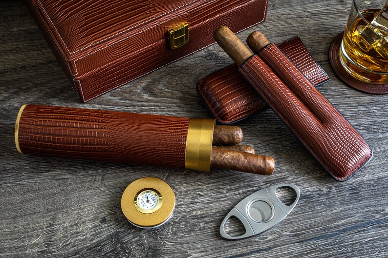 Personalized leather humidor box gift set with matching | Etsy