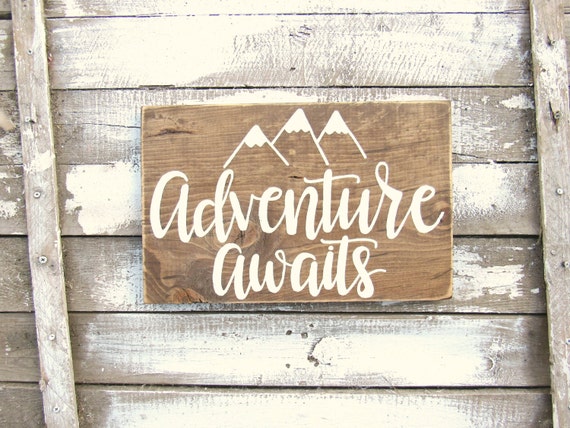 Items similar to Adventure Awaits Mountain Wood Sign // Hand Lettered ...