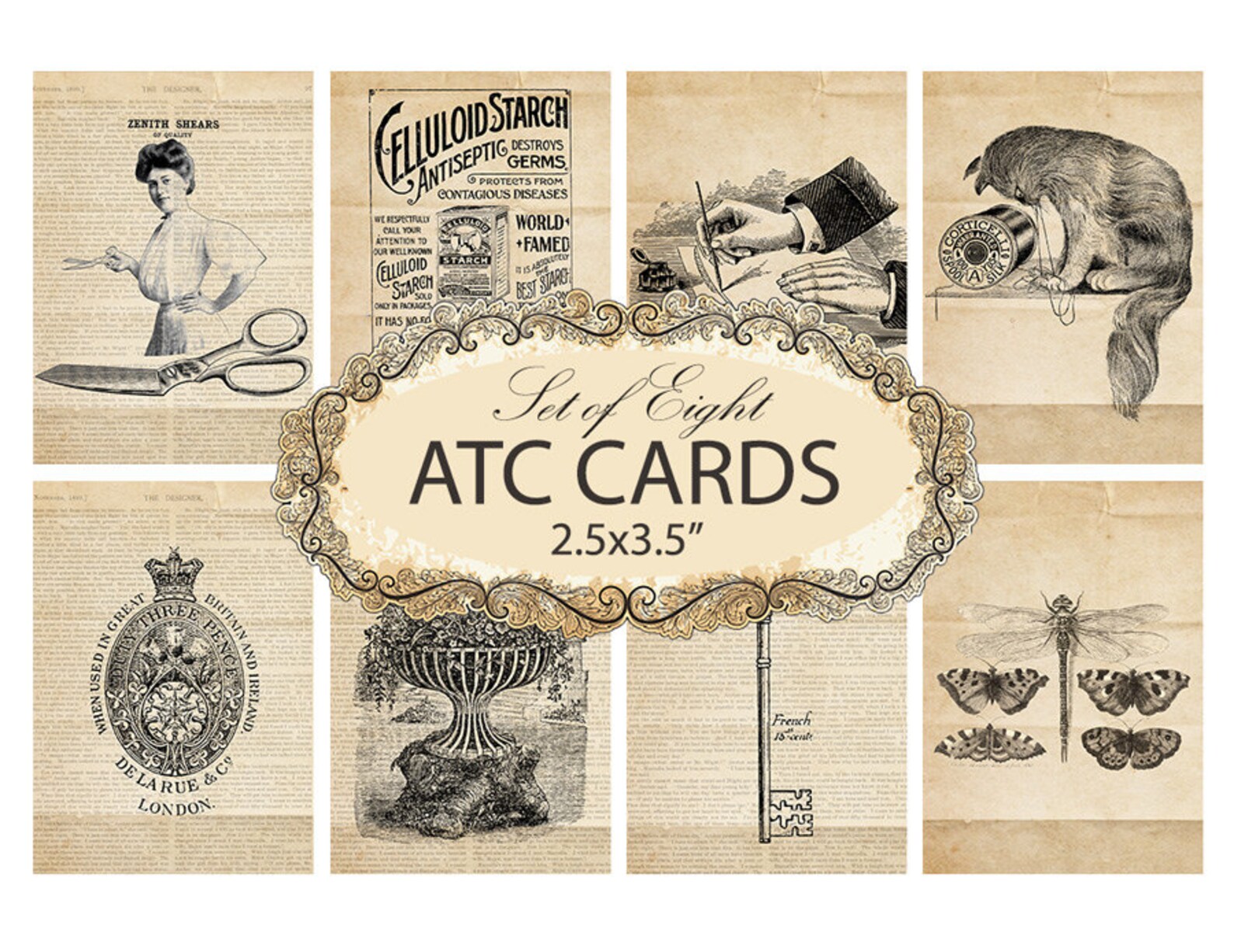 Printable ATC Cards Digital Sheet Set Vintage Illustrations Paper ...