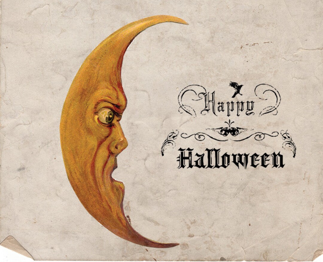 Digital Halloween Moon Illustration - Antique Vintage Halloween Moon ...