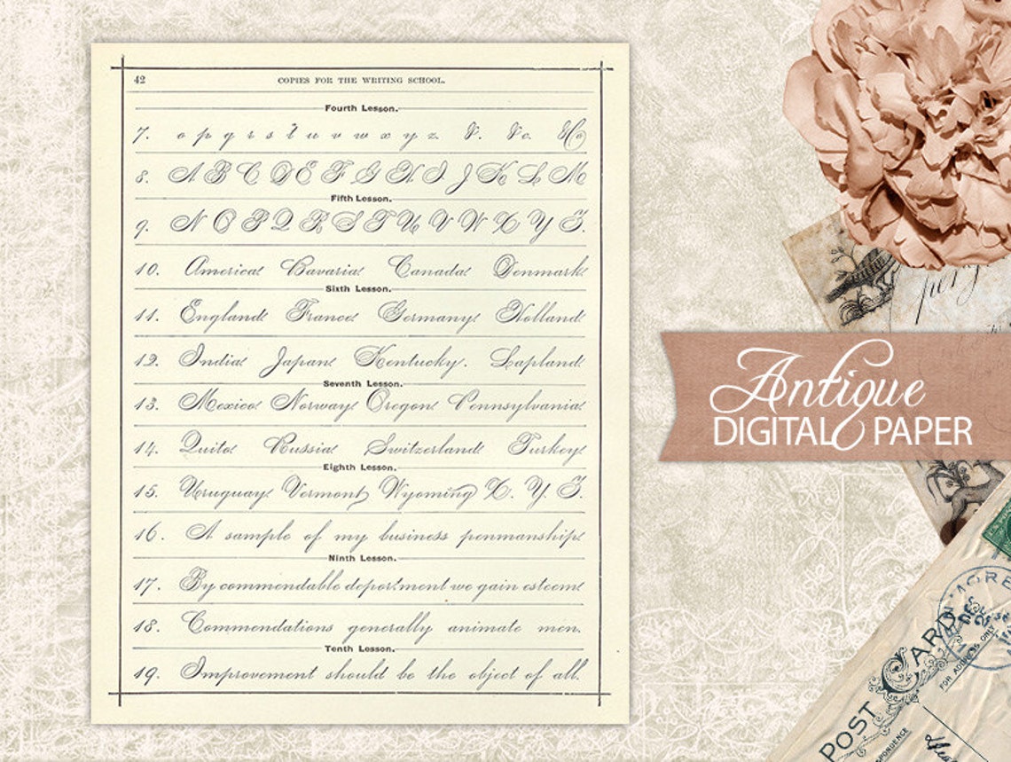 Digital Vintage Paper Antique Cursive Writing Alphabet Scrap Paper ...