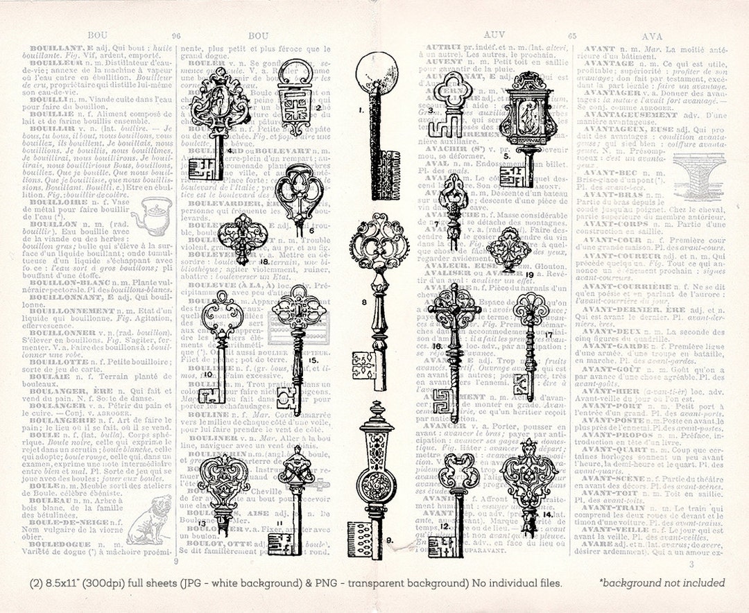 Digital Collage Sheet - Antique Keys Vintage Illustration Clip Art ...