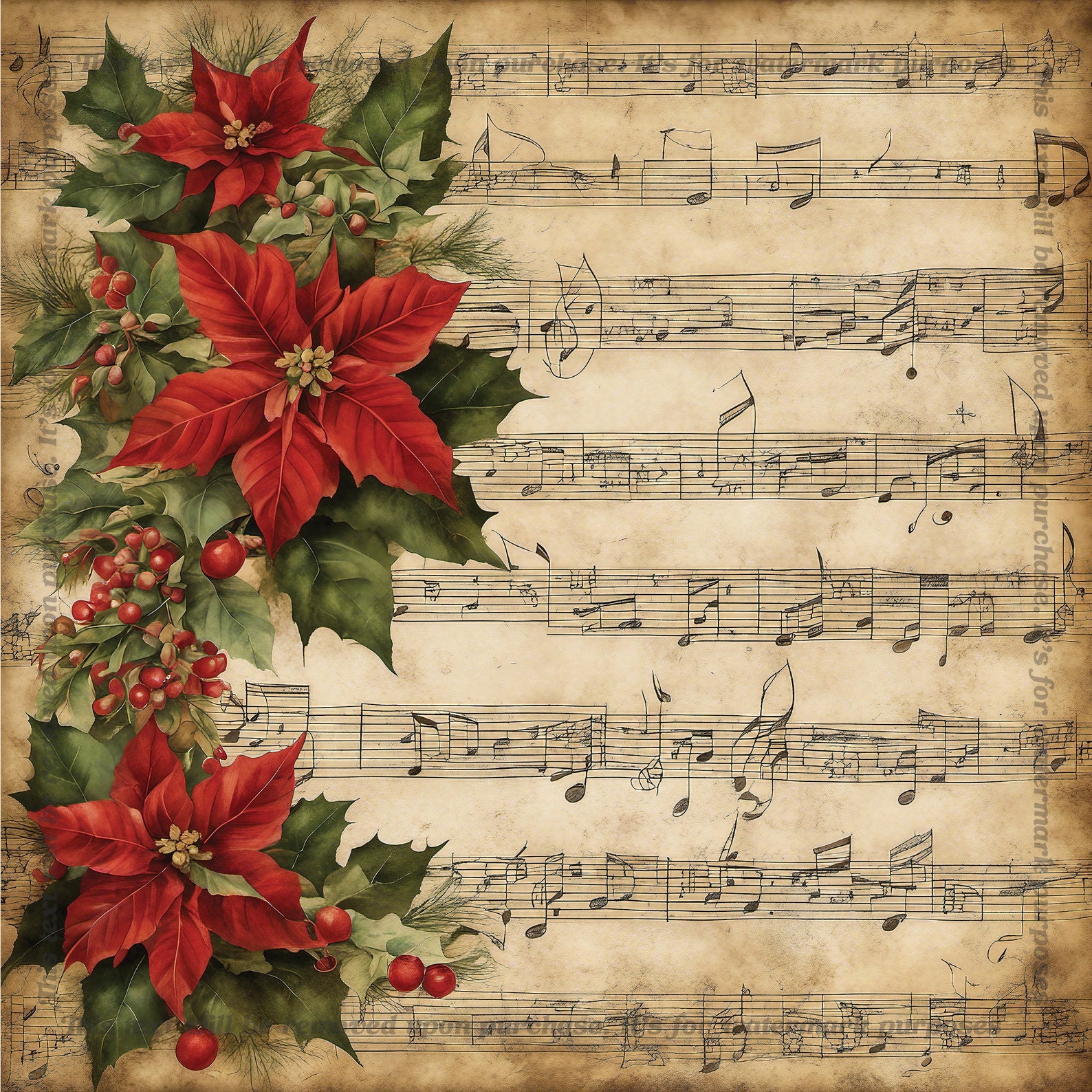 Antique Christmas Music Digital Printable Paper: Vintage Floral 12x12 ...