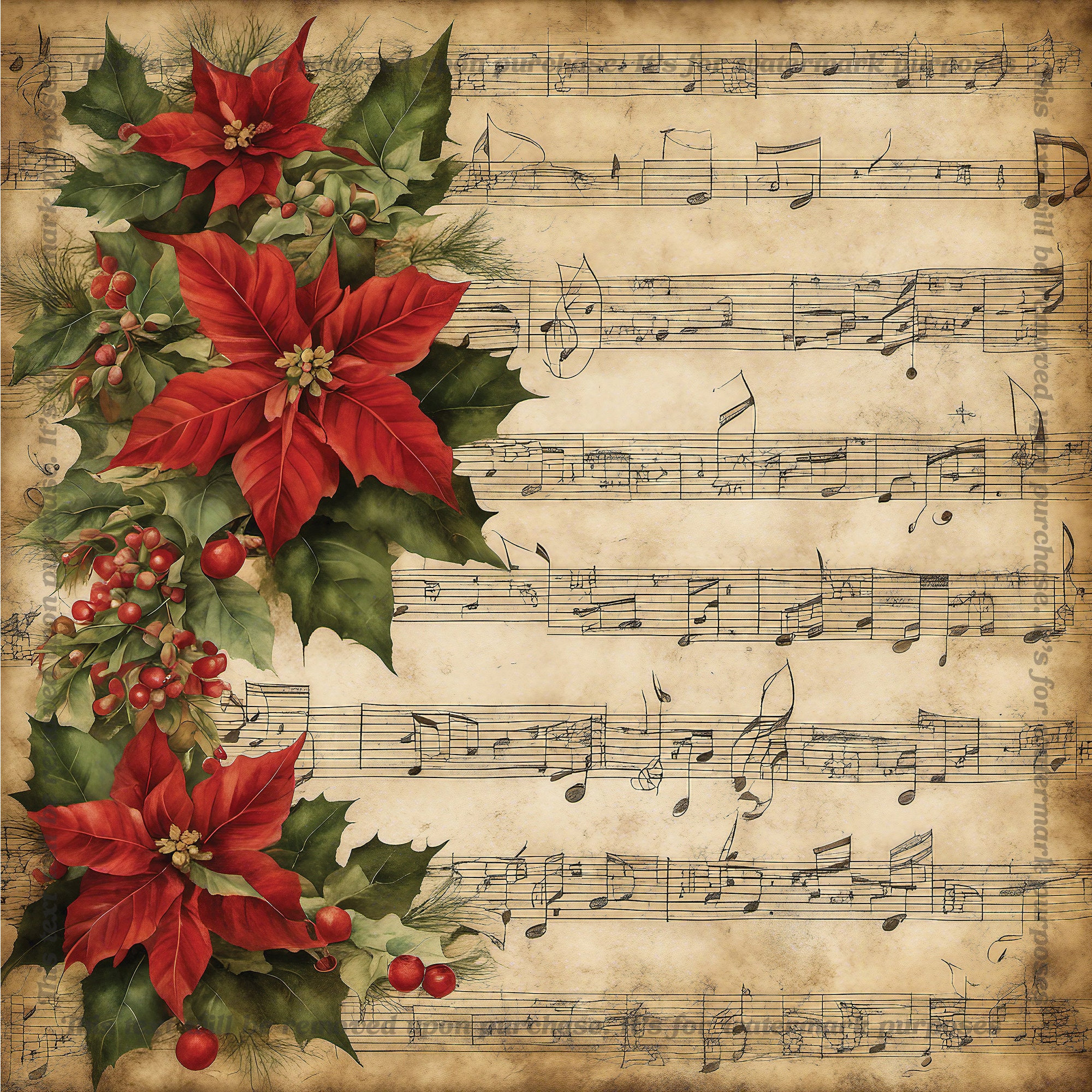 Christmas Music Digital Paper, Christmas Printable, Vintage ...
