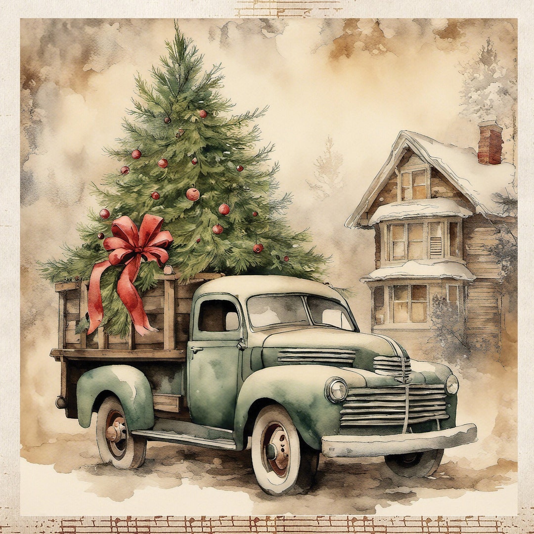 Christmas Truck Digital Paper Printable, Vintage Christmas Scrapbooking ...