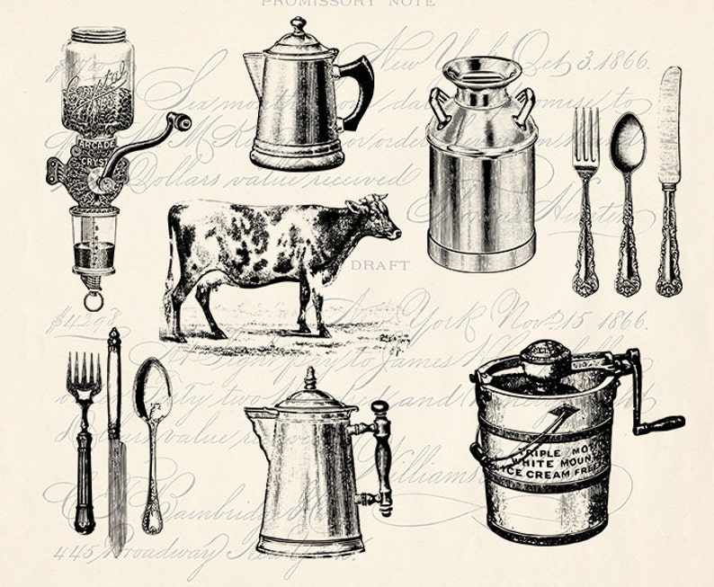 Digital Collage Sheet 8 Vintage Antique Kitchen Coffee Silverware ...