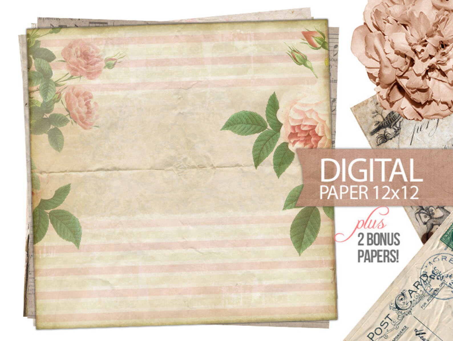 Digital Paper - 12x12 Scrapbook Antique Background Paper Old Vintage ...