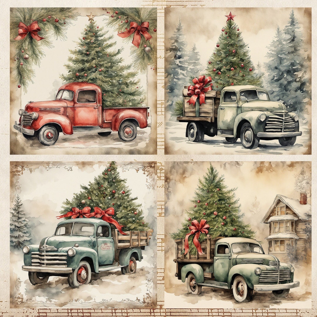 4 Vintage Christmas Truck Digital Paper, Christmas Printable, Vintage ...