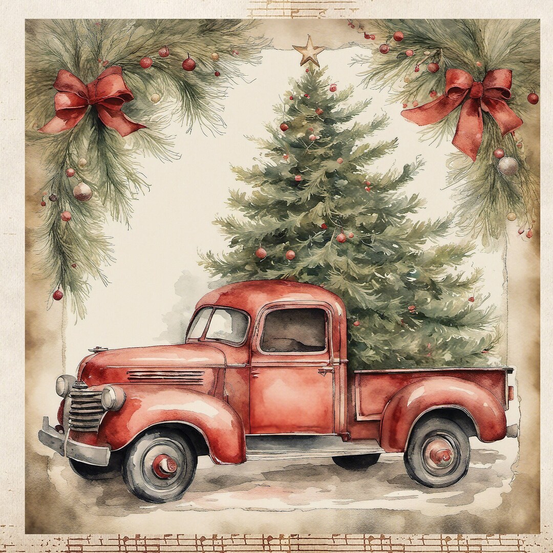 Vintage Christmas Truck Digital Paper Printable, Vintage Scrapbooking ...