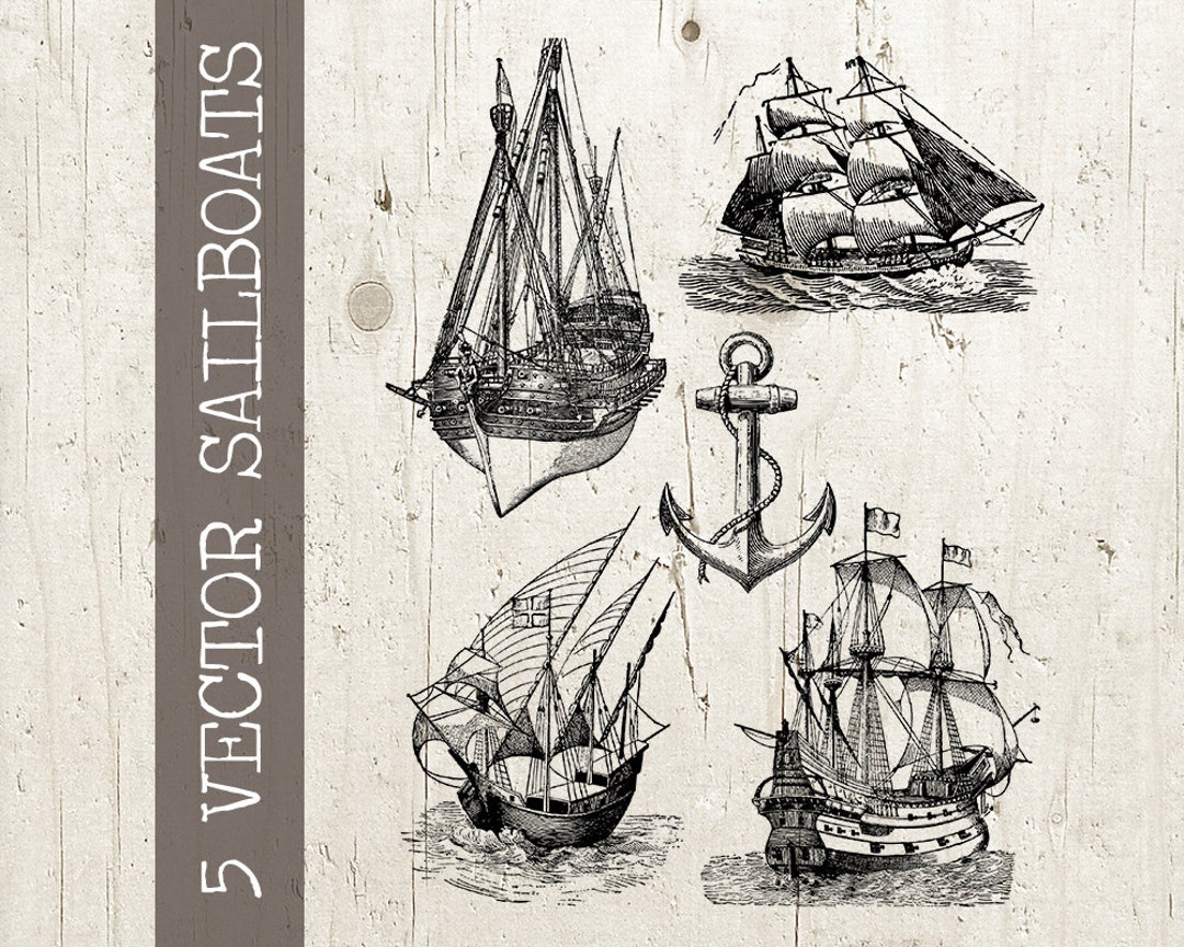 Digital Old Boats Collage Sheet 5 Vintage Sailboats Vessel Anchor ...