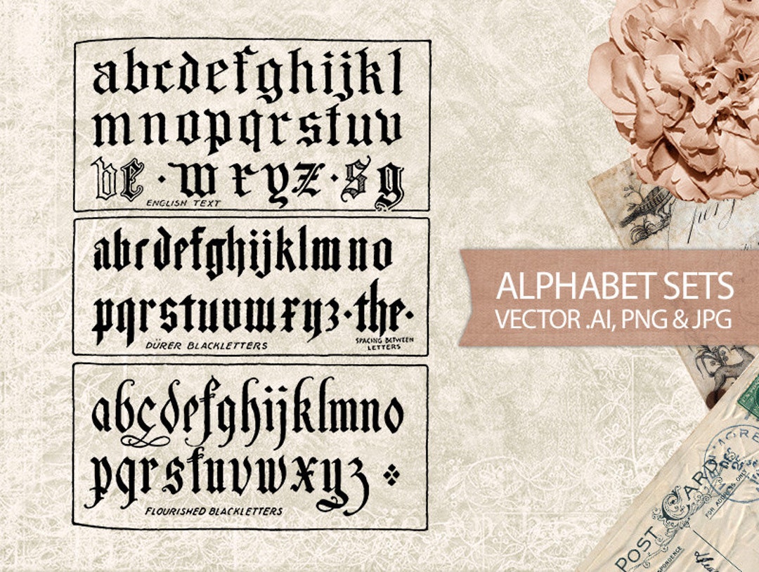 Vector Alphabet Set Antique Letters Typography Digital Vintage Font AI ...