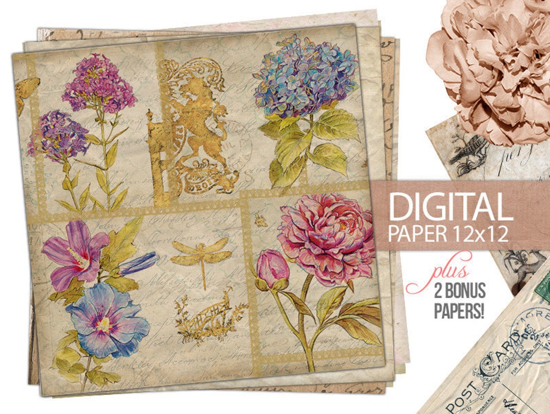 Digital Paper - 12x12 Scrapbook Antique Background Paper Flower ...