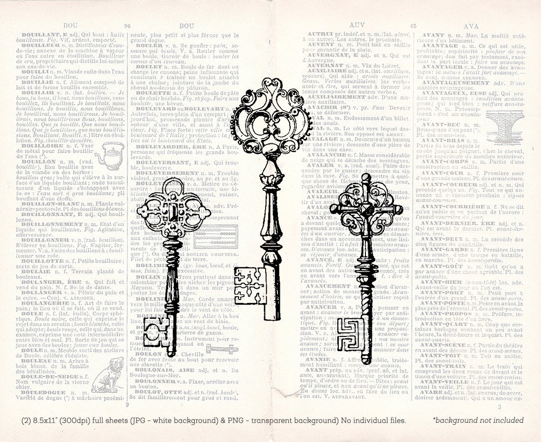 Printable Antique Keys Vintage Illustration Clip Art Sheet Printable ...