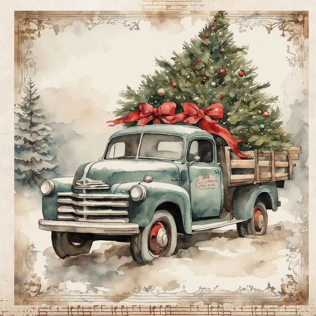 Christmas Vintage Truck Digital Paper Print, Vintage Scrapbooking Paper ...