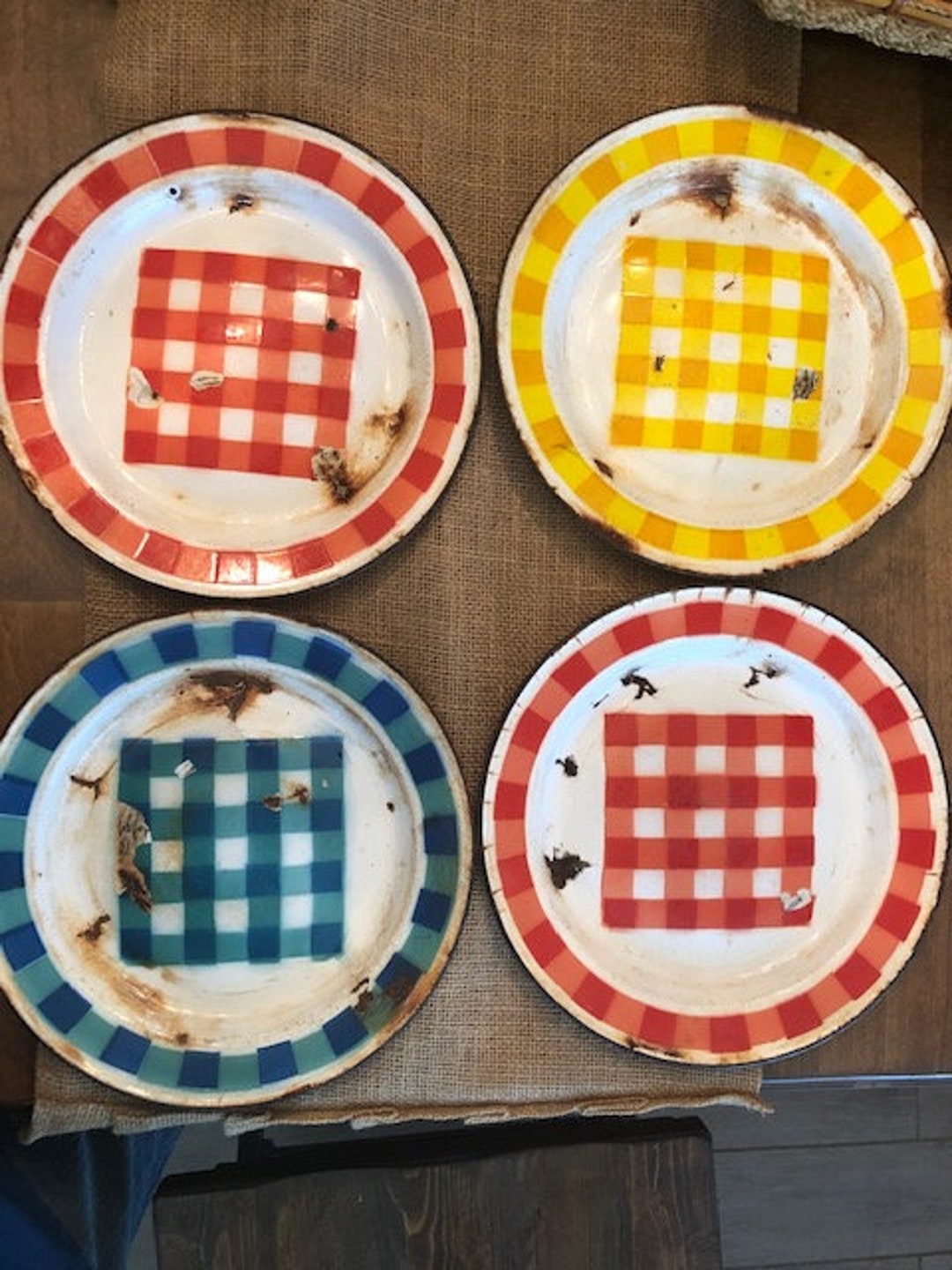 Porcelain Coated Metal Plates - Antique Set of 4 Enamel Coated Metal ...