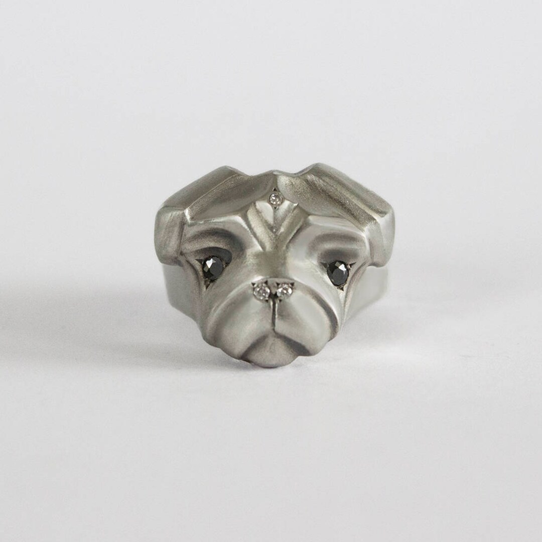 Pug Ring With Black and White Diamond Setting, Pug Lover Ring, Silver ...