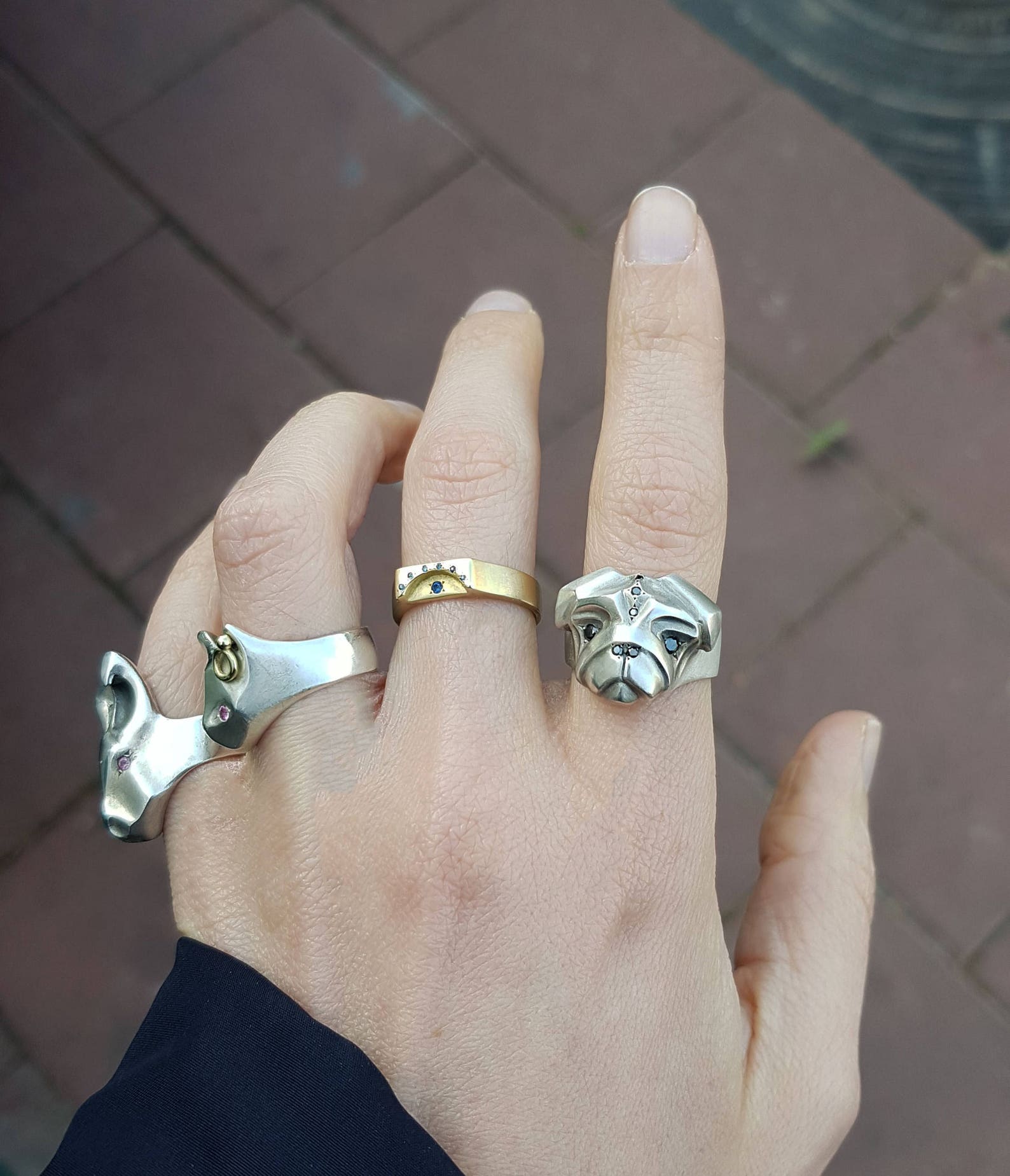 Pug Ring With Blue Sapphires Setting Pug Lover Ring Silver | Etsy