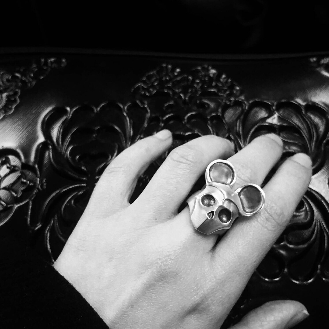 Skull Ring with mouse Ears skeleton ring geometric skull | Etsy