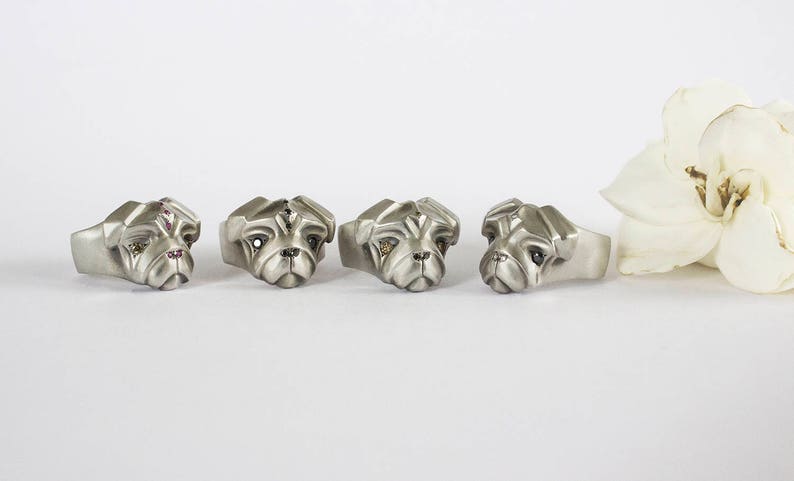 Pug Ring With Blue Sapphires Setting Pug Lover Ring Silver | Etsy