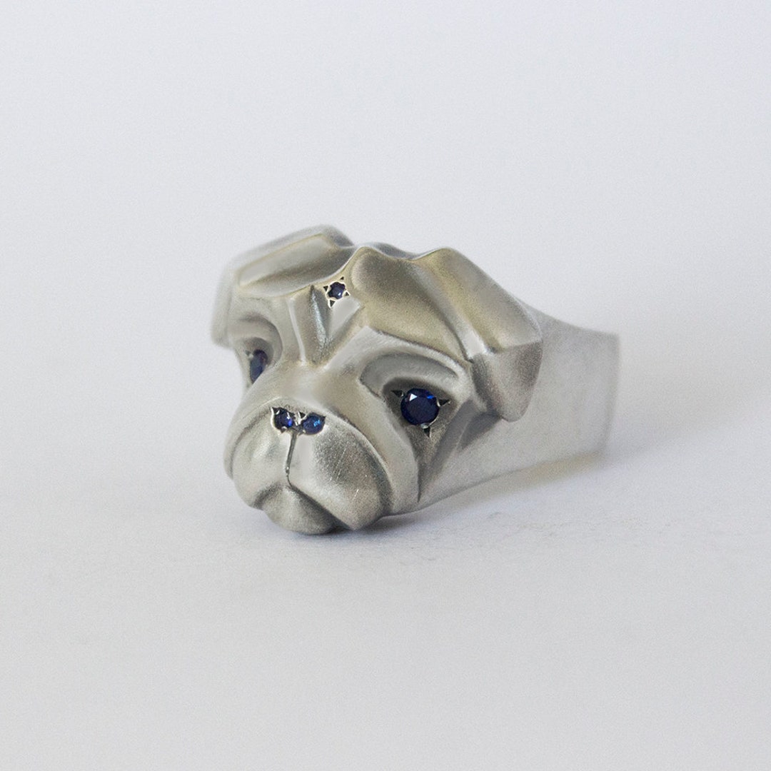 Pug Ring With Blue Sapphires Setting, Pug Lover Ring, Silver Pug Ring ...