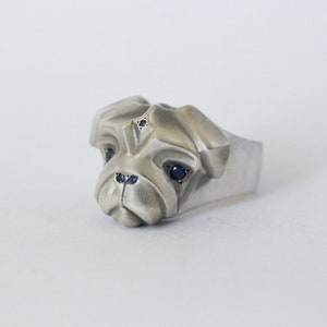 Pug Ring With Blue Sapphires Setting, Pug Lover Ring, Silver Pug Ring ...