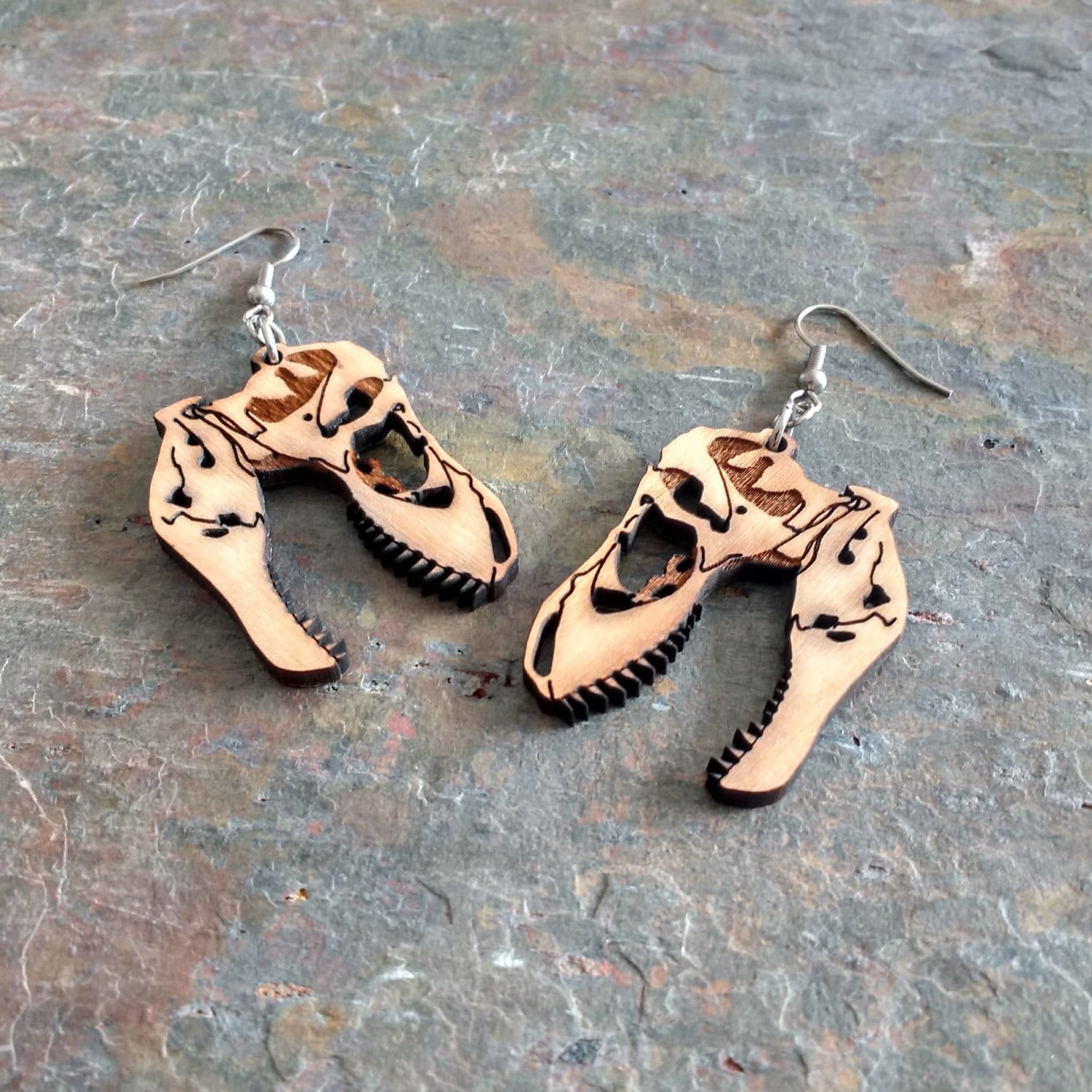 Dinosaur Skull T-rex Earrings Laser Cut Wood | Etsy