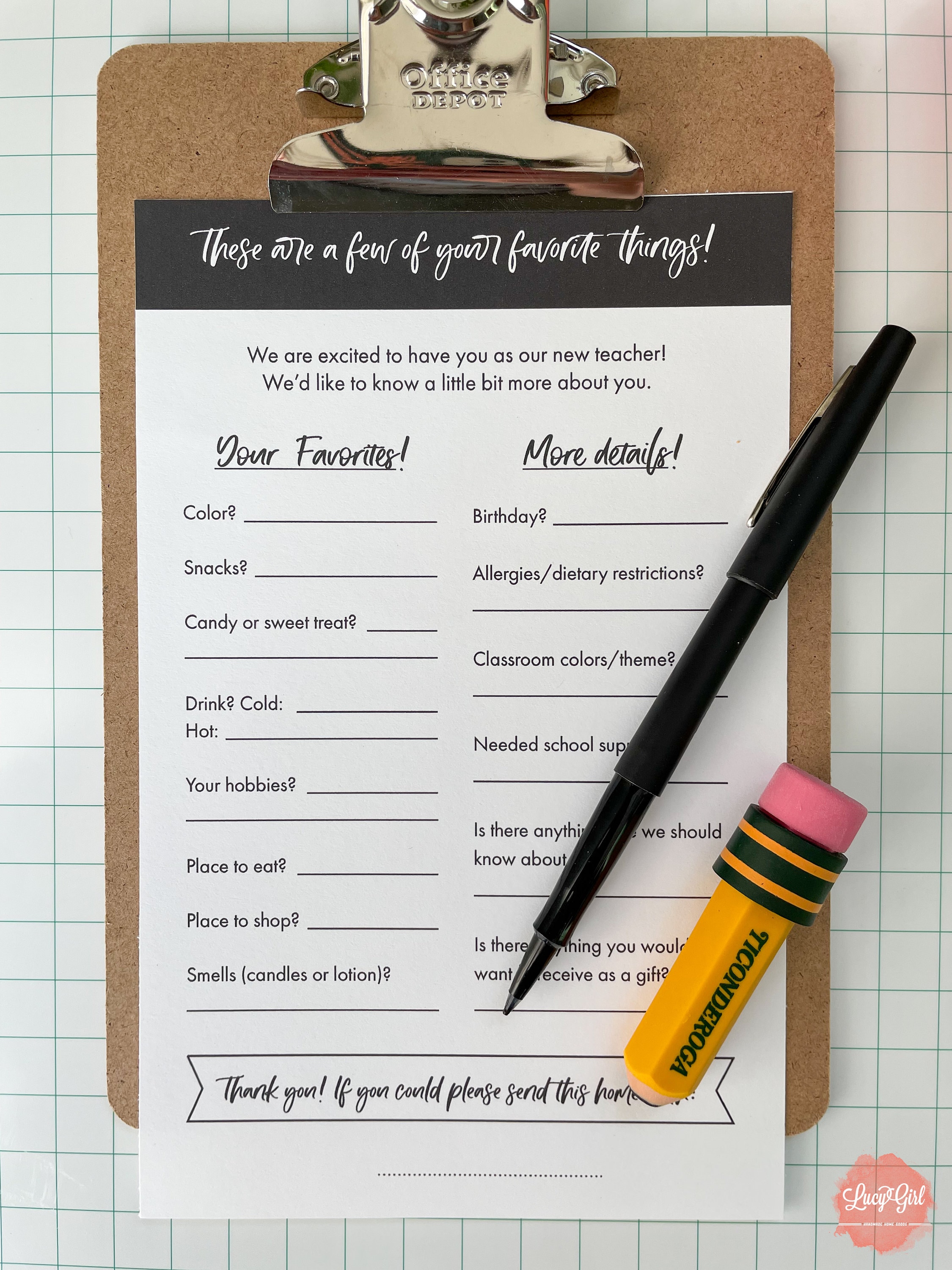 Teacher Favorite Things Questionnaire 8.5x11" Printable, Digital File ...