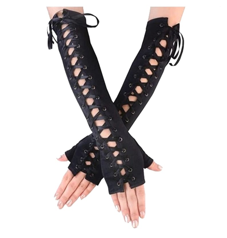 Long FINGERLESS Gauntlets Gloves Gothic Black SATIN Corset - Etsy UK