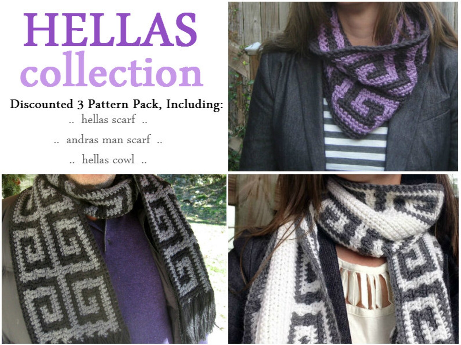 3-pack: Greek Key Scarf and Cowl Crochet Patterns // Crochet Pattern ...