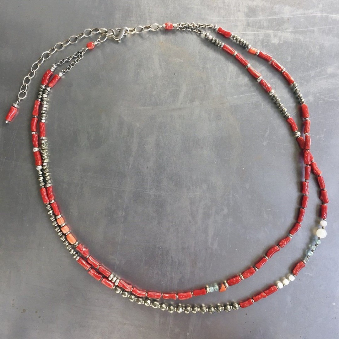 Two Strand Natural Coral Aquamarine Silver Pyrite Necklace - Etsy
