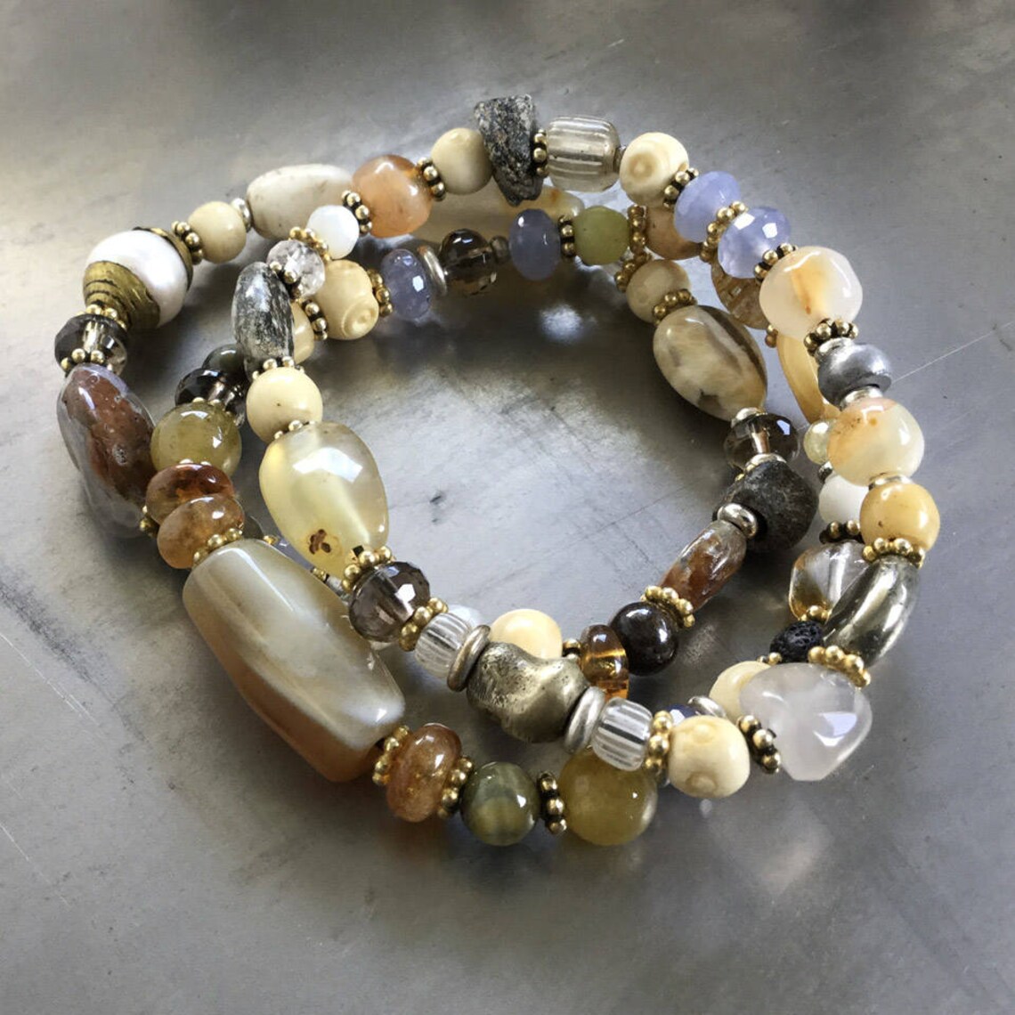 Mixed gemstone stretch bracelets chunky bracelet set | Etsy