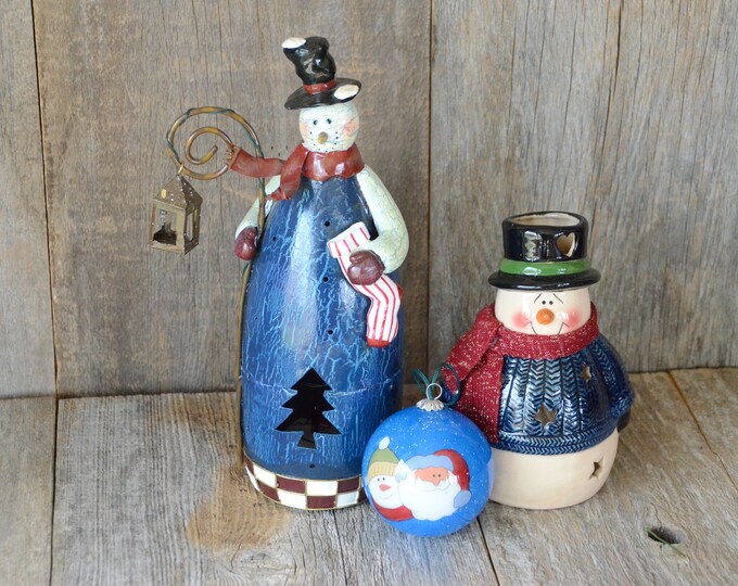 Vintage Set of Three Snowman Pieces, Ceramic Tea Light Snowman, Metal ... Vintage Set of Three Snowman Pieces, Ceramic Tea Light Snowman, Metal ...