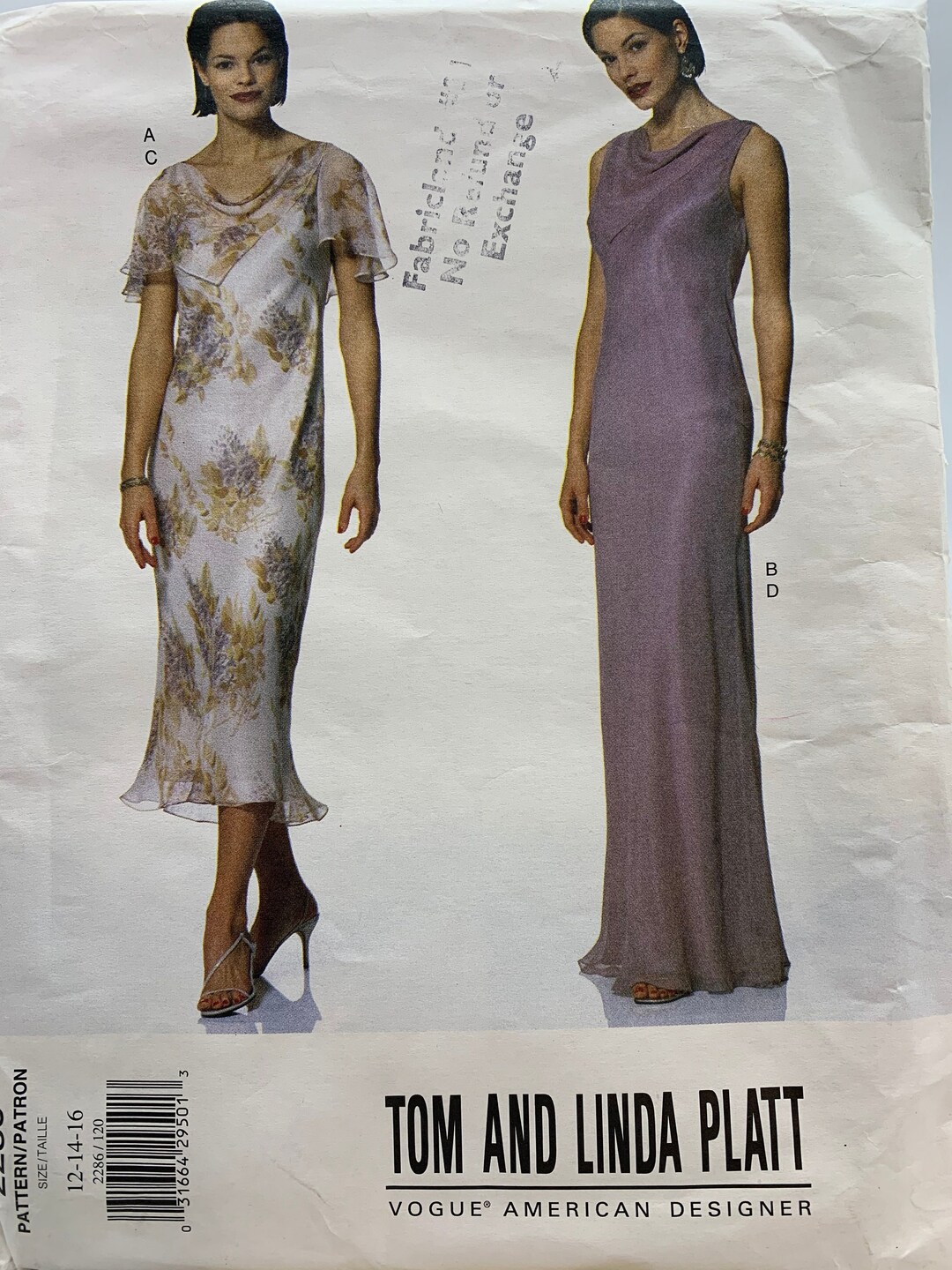 Vogue 2286, Dress With Slip, Sleeveless, Bias, Pullover, Front Drape, Slightly Flared, Sizes 12 ...