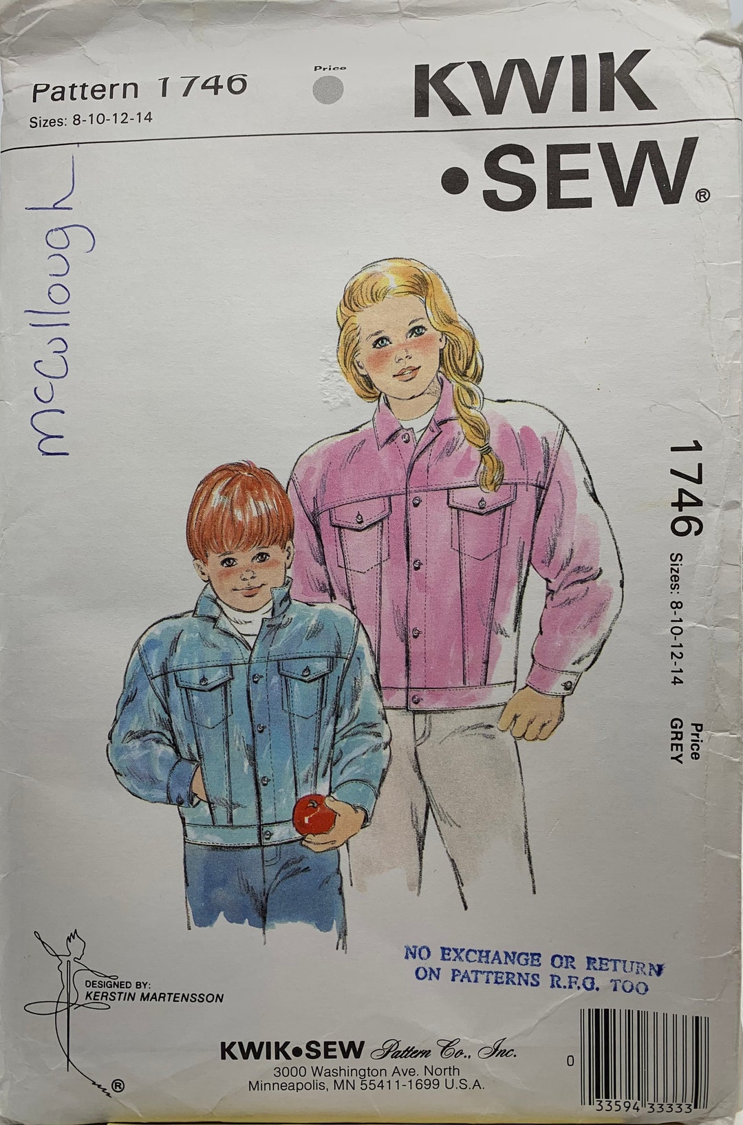 Kwik Sew 1745, Blue Jean Jacket, Extended Shoulders, Yokes, Three Panel ...