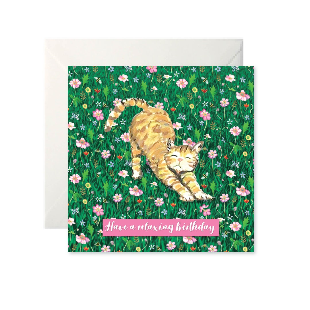 Cat Stretching Greetings Card - Have a Relaxing Birthday - Etsy
