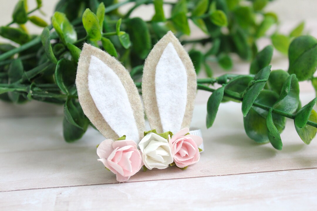 Floral Easter Bunny Ears Hair Clip or Headband - Natural Brown and ...